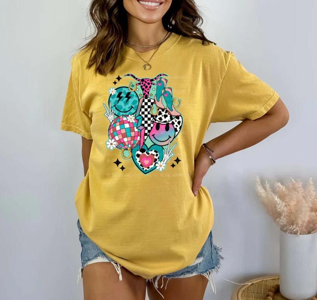 Western Retro Smiley Face Full Color Screenprint-wt26 - Etsy