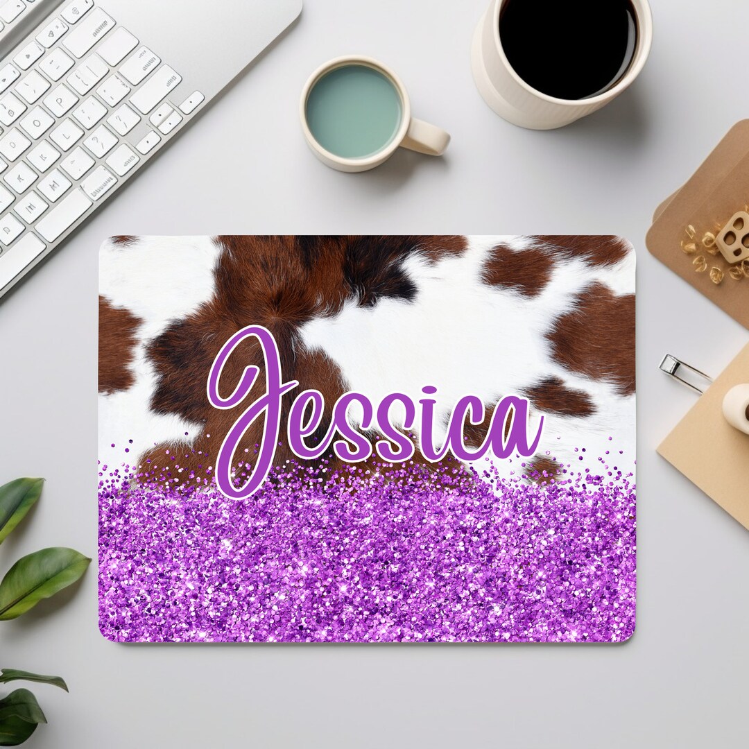 Purple Faux Glitter Cowhide Personalized Mouse Pad, Personalized Mouse ...