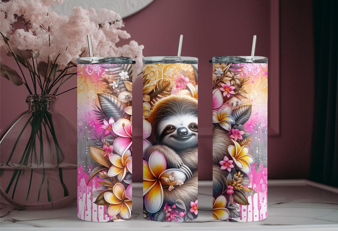 Pretty Pink Cute Summer Sloth Personalized Custom Tumbler, Unique ...