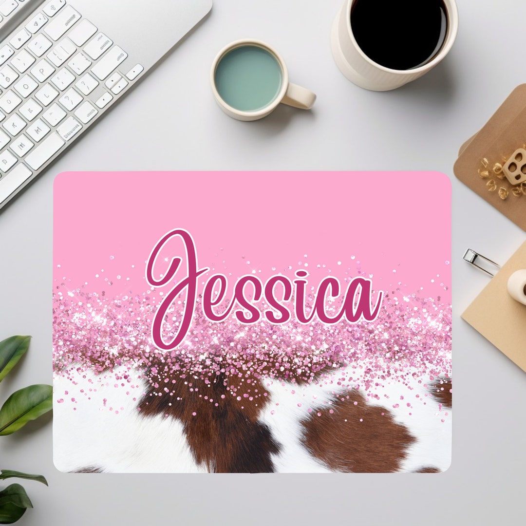 Pink Faux Glitter Cowhide Personalized Mouse Pad, Personalized Mouse ...