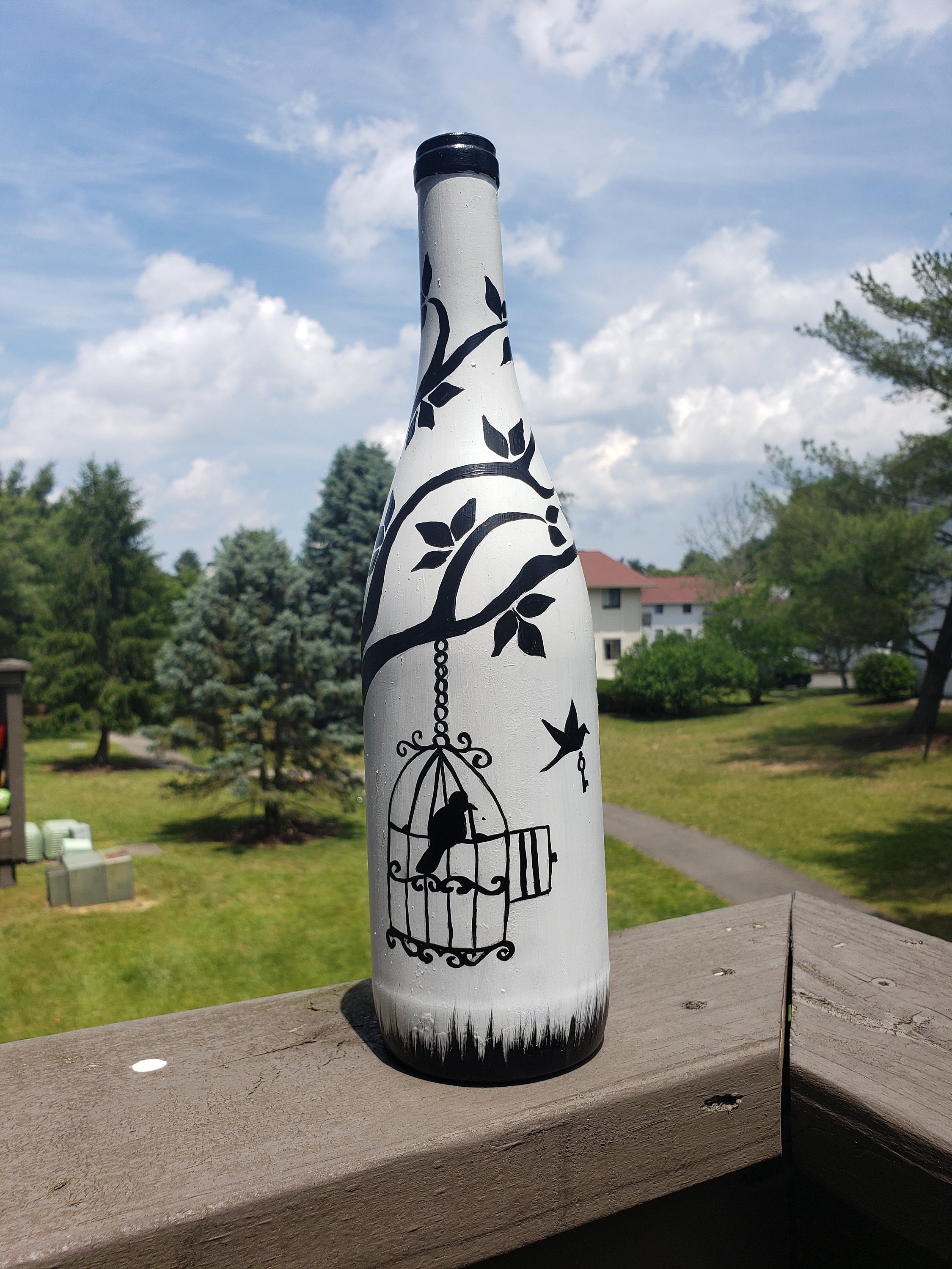 Hand Painted Wine Bottle Vase, Black and White Birdcage Art - Etsy