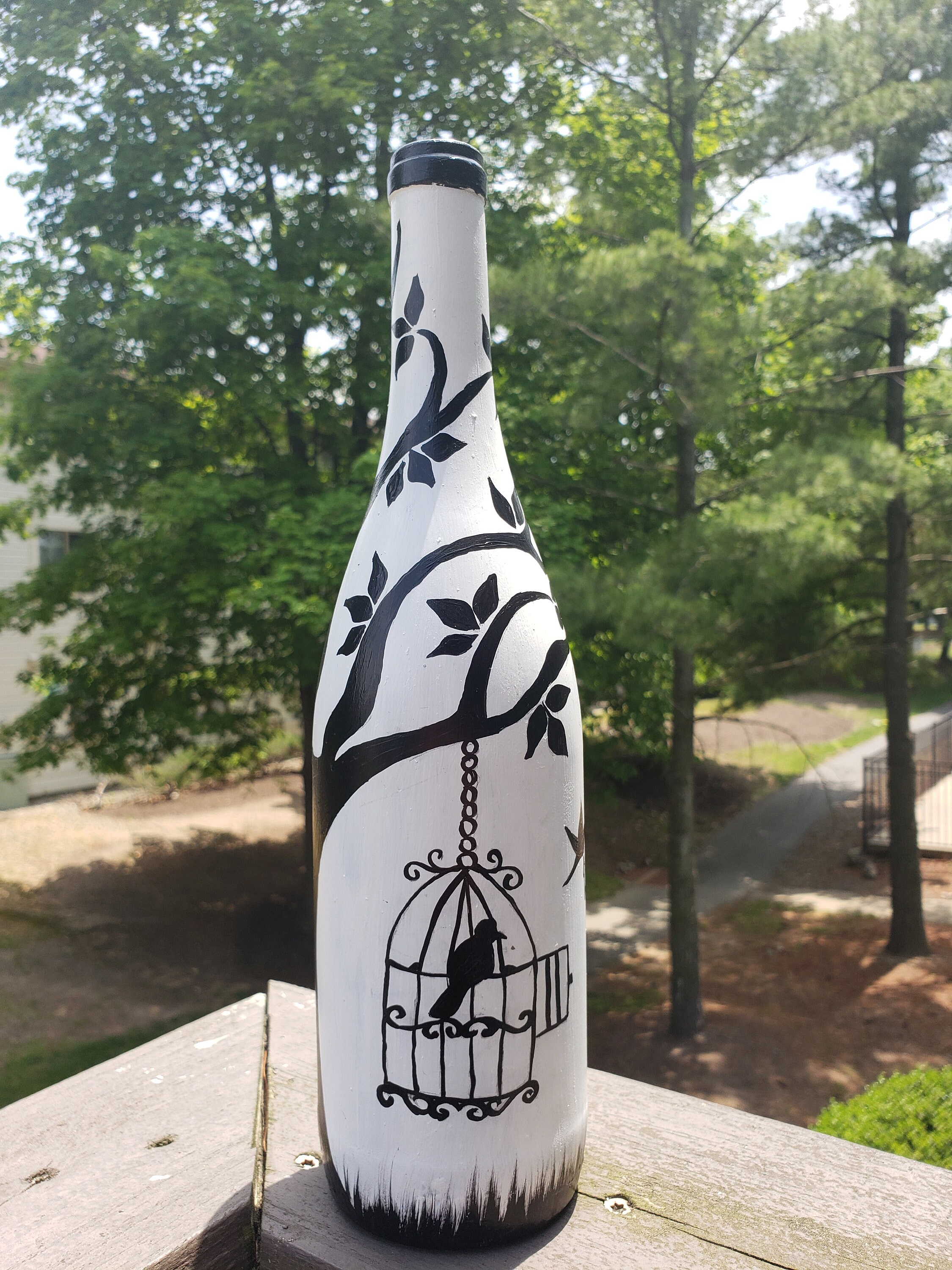 Hand Painted Wine Bottle Vase, Black and White Birdcage Art - Etsy