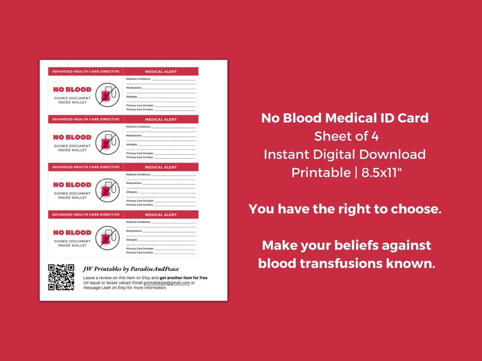 No Blood Medical ID Card – Sheet of 4 | JW Jehovah Witness No ...