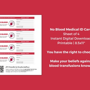 No Blood Medical ID Card – Sheet of 4 | JW Jehovah Witness No ...