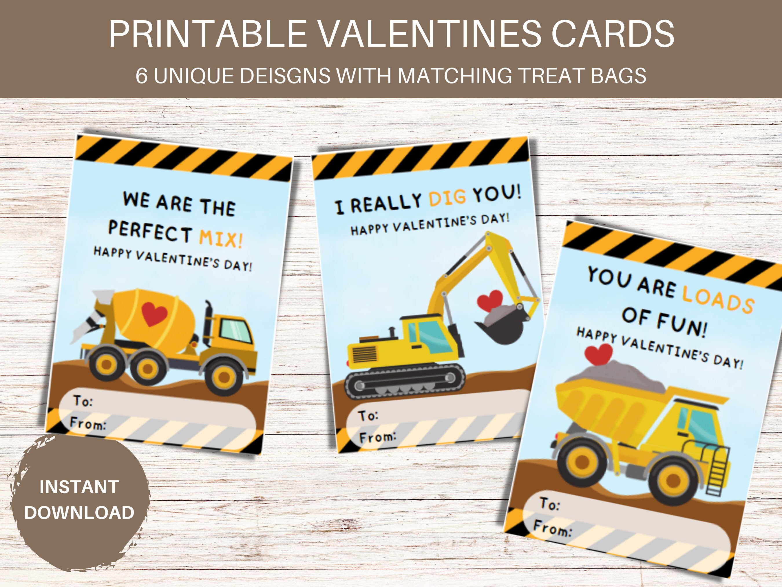 6 Cute Printable Construction Theme Valentine Cards for Kids Classroom ...
