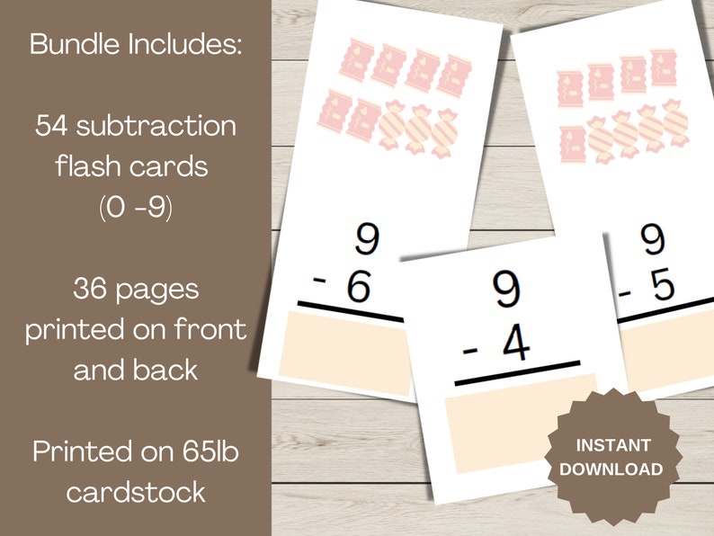 Subtraction Math Printable Flash Cards for Early Education Elementary ...