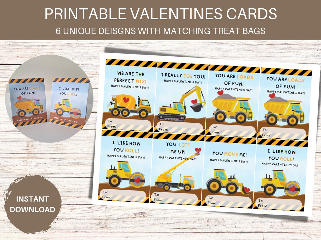6 Cute Printable Construction Theme Valentine Cards for Kids Classroom ...