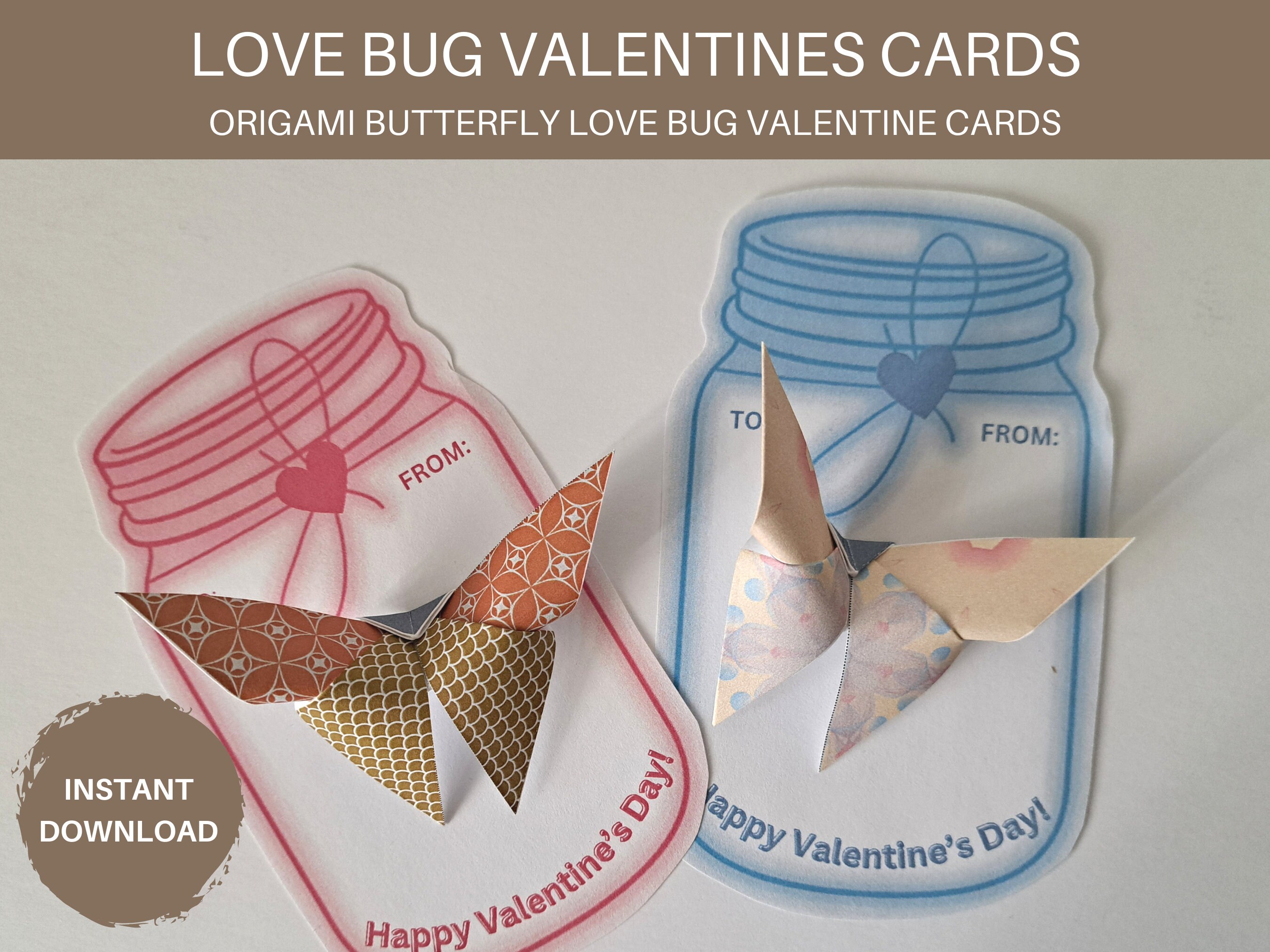 Love Bug Valentine Cards for Kids Classroom. Origami Butterfly. Instant ...