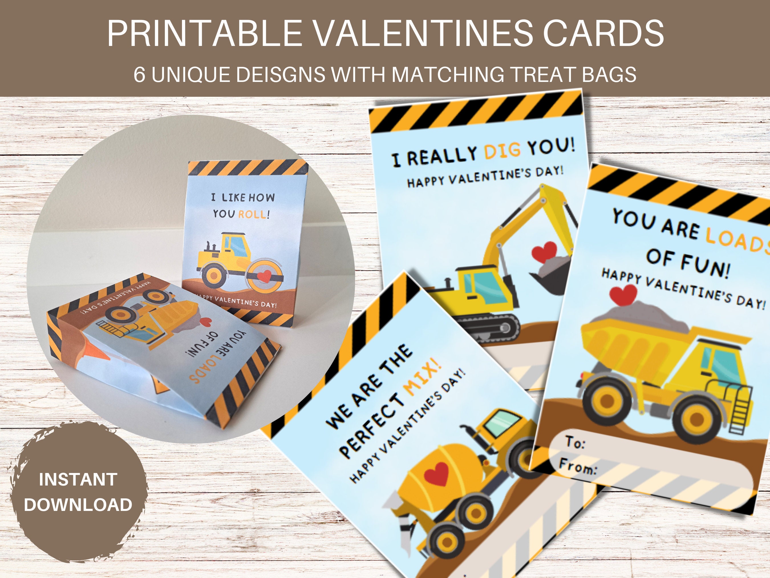 6 Cute Printable Construction Theme Valentine Cards for Kids Classroom ...