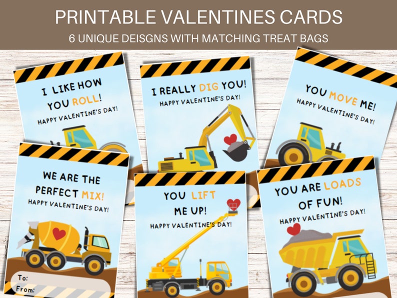 6 Cute Printable Construction Theme Valentine Cards for Kids Classroom ...