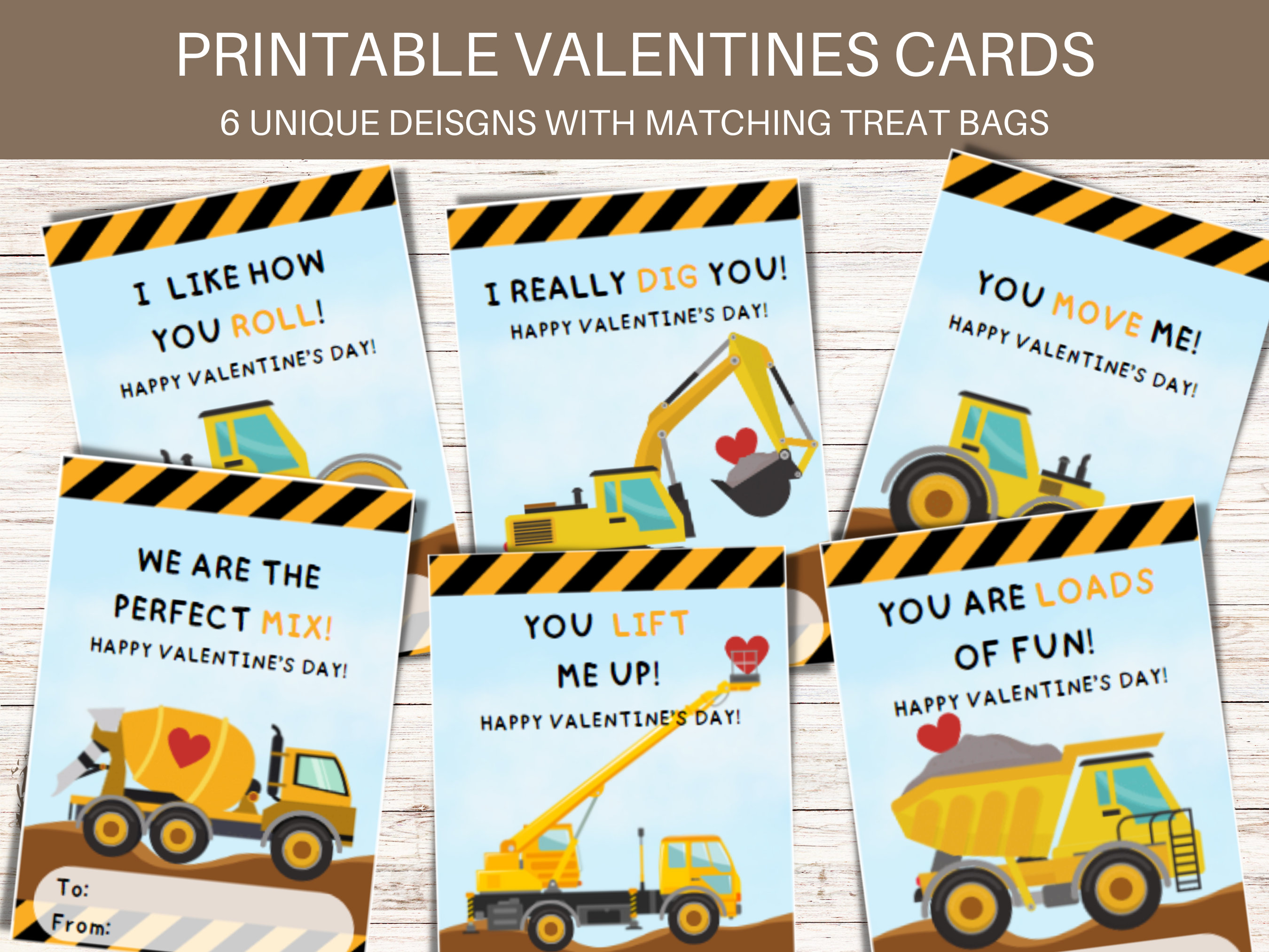 6 Cute Printable Construction Theme Valentine Cards for Kids Classroom ...