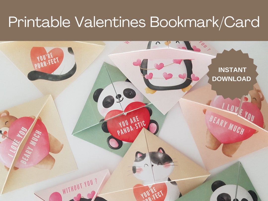 Printable Valentines Origami Bookmarks: Animal Classroom Gifts (digital ...