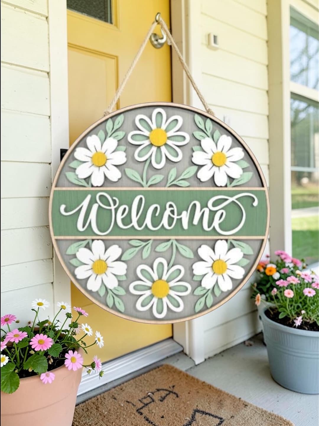 Layered Daisy Welcome Sign SVG, Spring Door Hanger, Laser Cut File ...