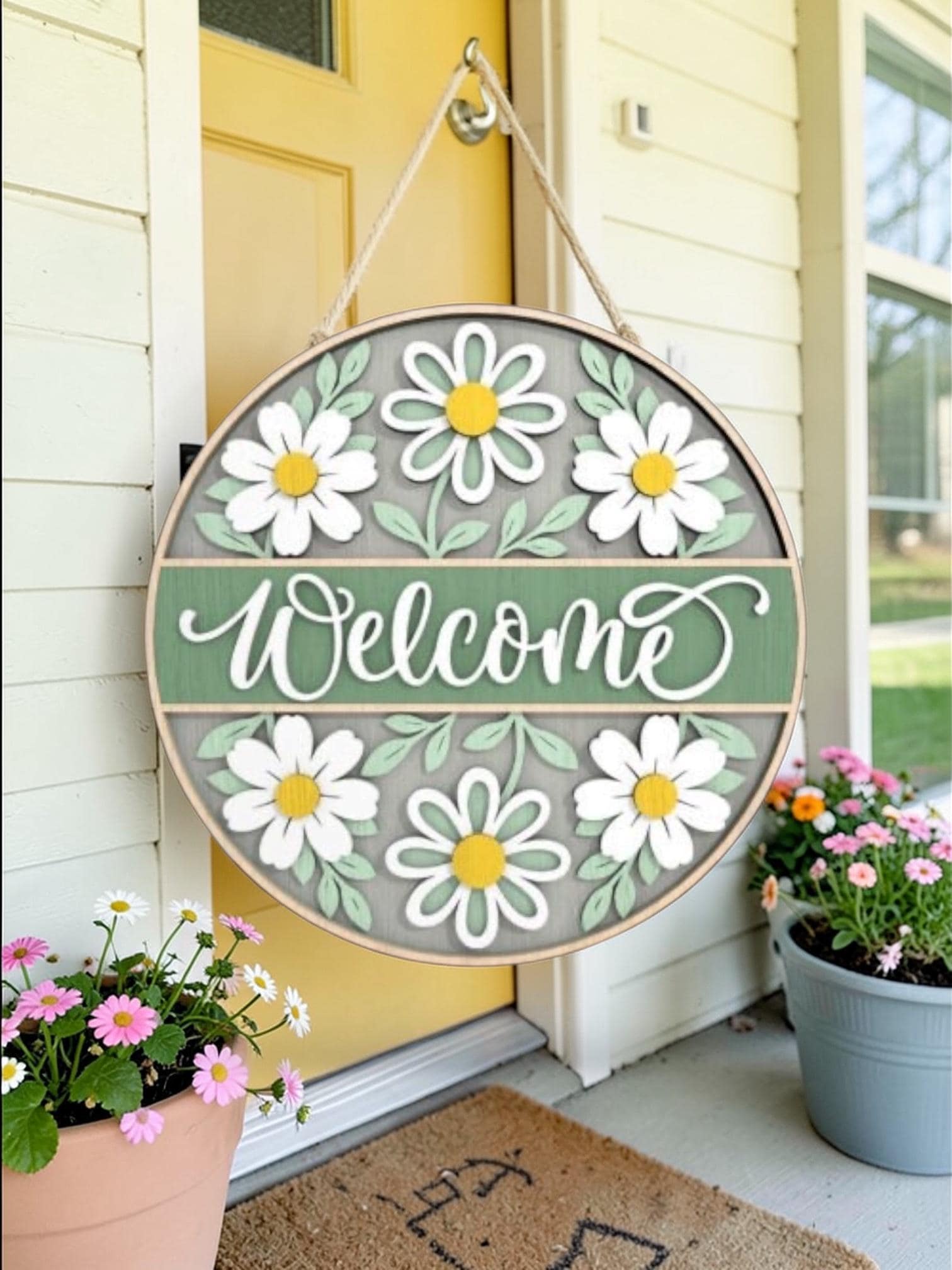 Layered Daisy Welcome Sign SVG, Spring Door Hanger, Laser Cut File ...