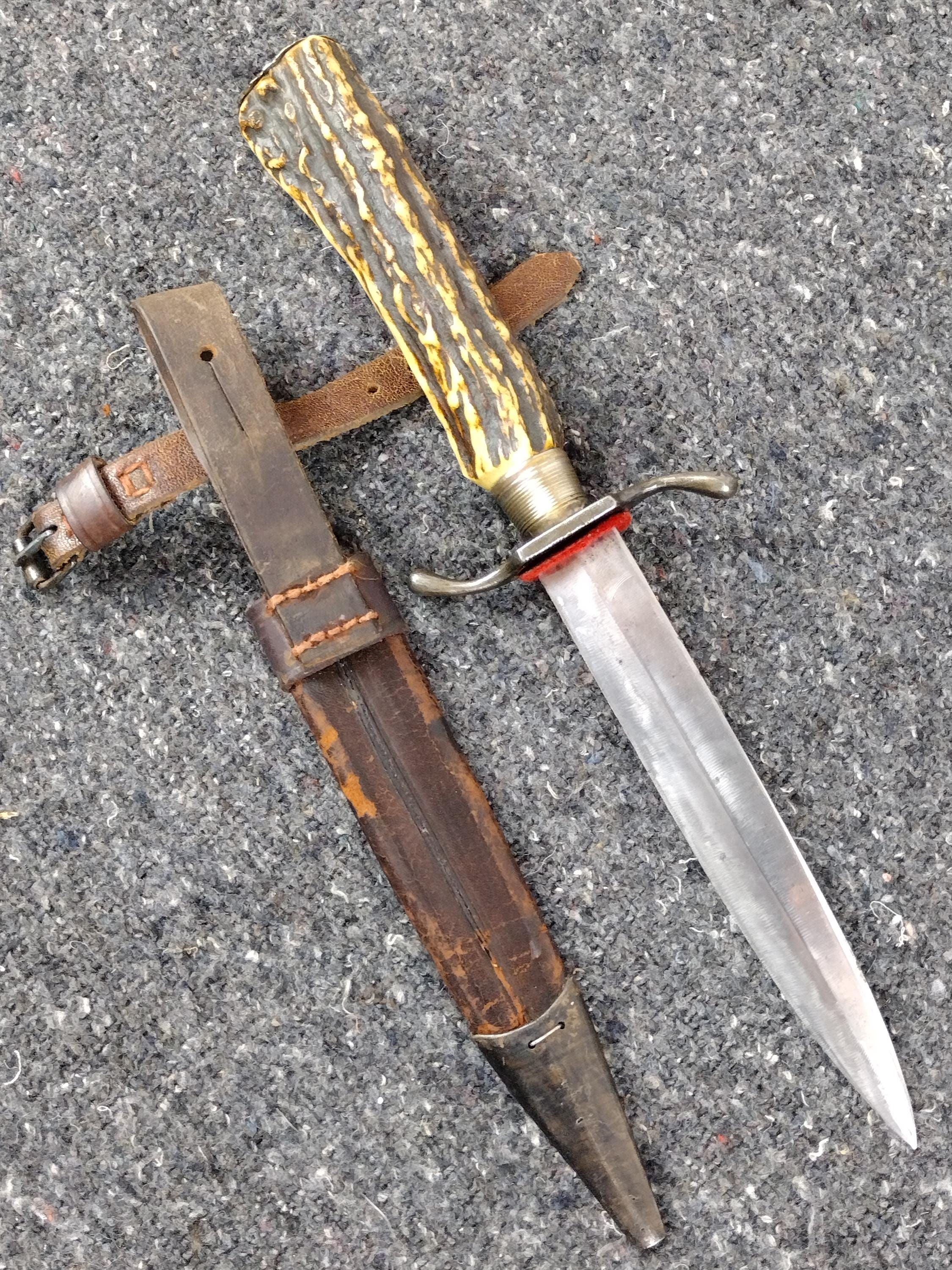 WWI German Jagdnicker Antler Trench Dagger Messer Hunting Knife Leather ...