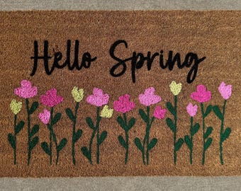 Spring Coir Doormat - "hello" With White Flowers - Front Porch Decor - Etsy