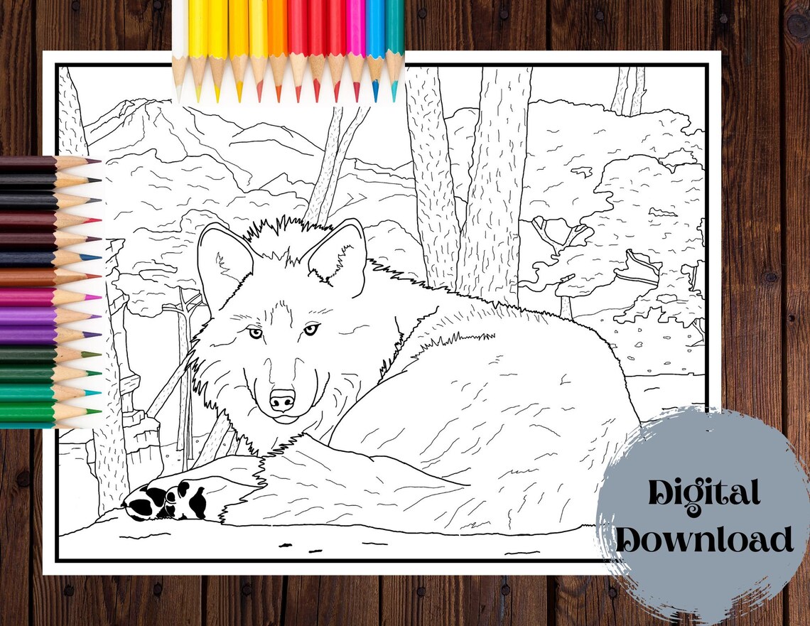 Realistic Wolf Coloring Page for Adults, Printable Colouring Book ...
