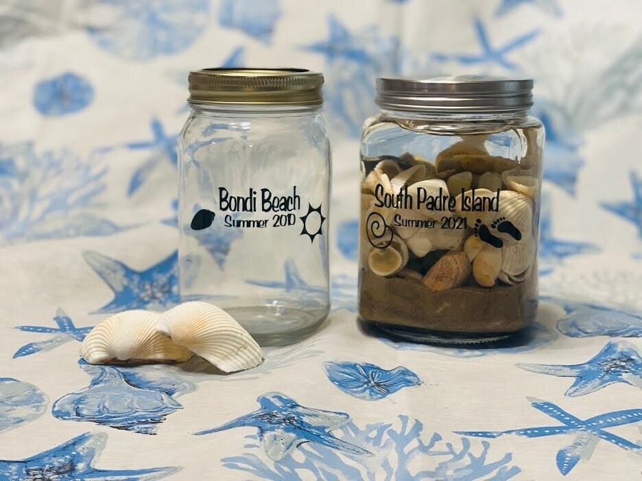 Seashell Jar Personalized Shells Sea Ocean Sand Gift Collect Grandkid Summer Lake Vacation ...