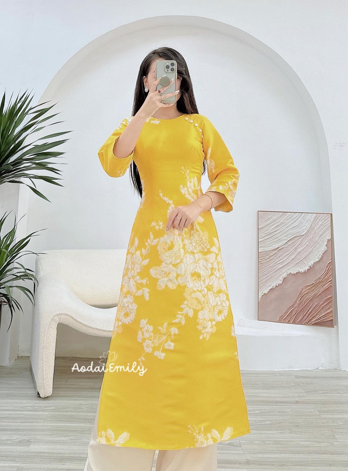 Yellow/gold Spring Flowers Pattern| Shiny Taffeta Ao Dai Set| Ao Dai ...