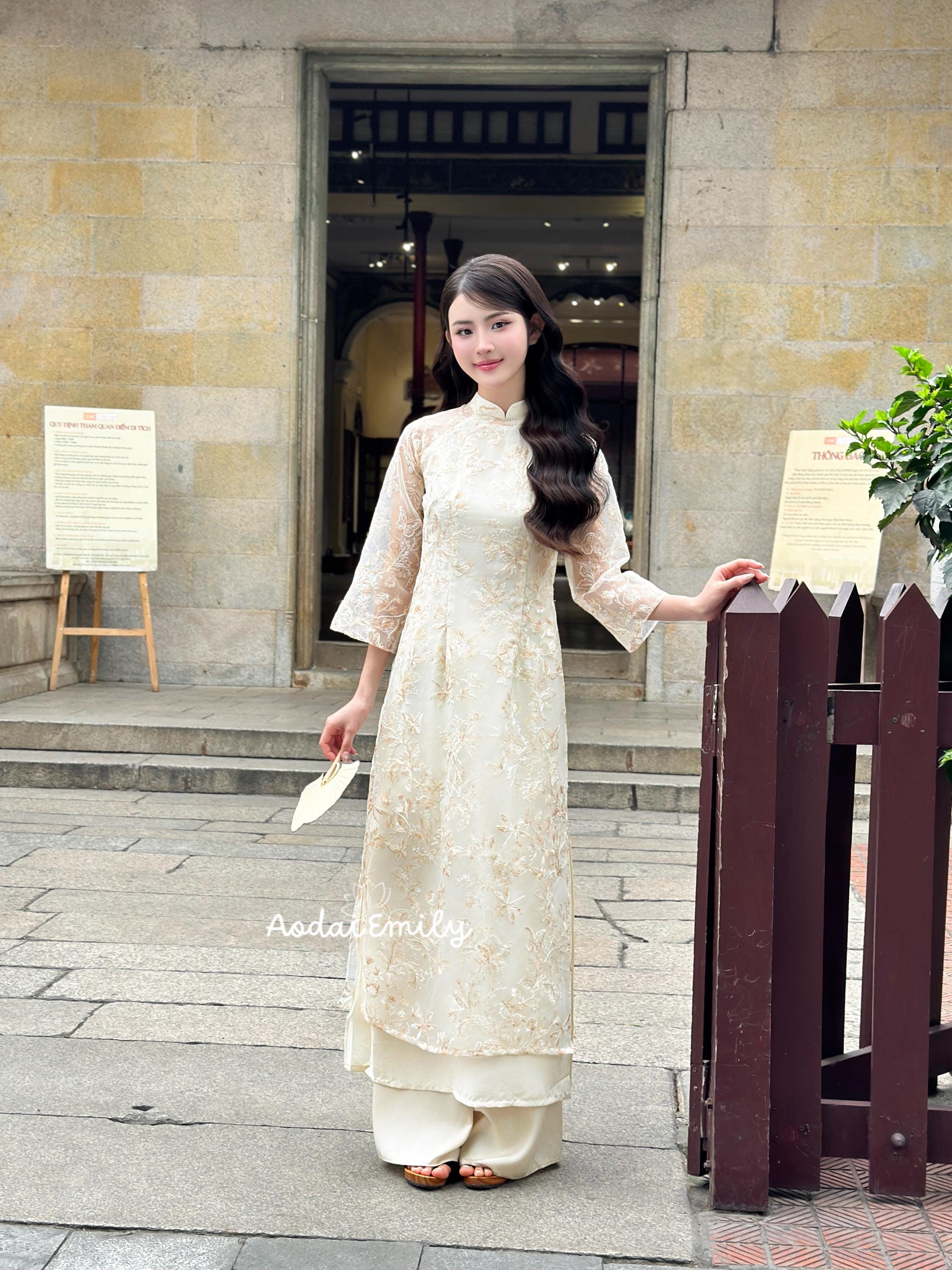 ESME Pastel Cream/beige Modern Ao Dai With Embroidery Flowers| áo Dài ...