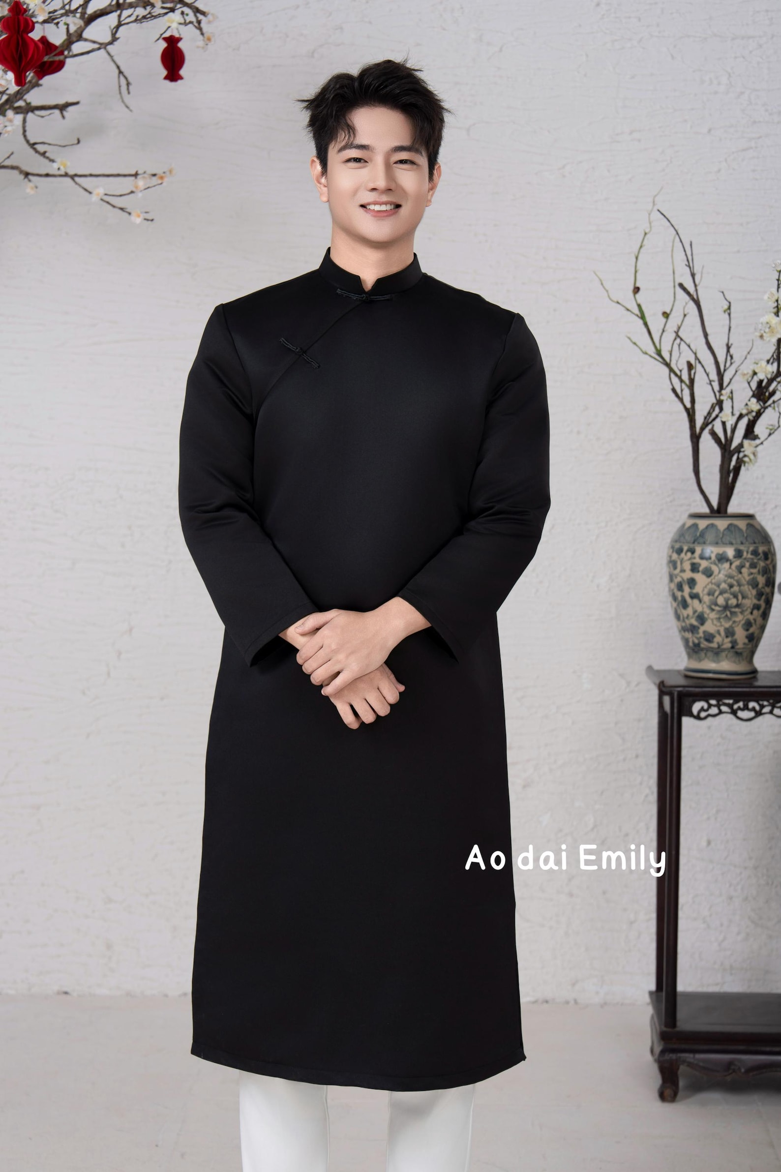 Plain Black Ao Dai for Men| Taffeta Ao Dai | Ao Dai for Men| Slim Fit ...