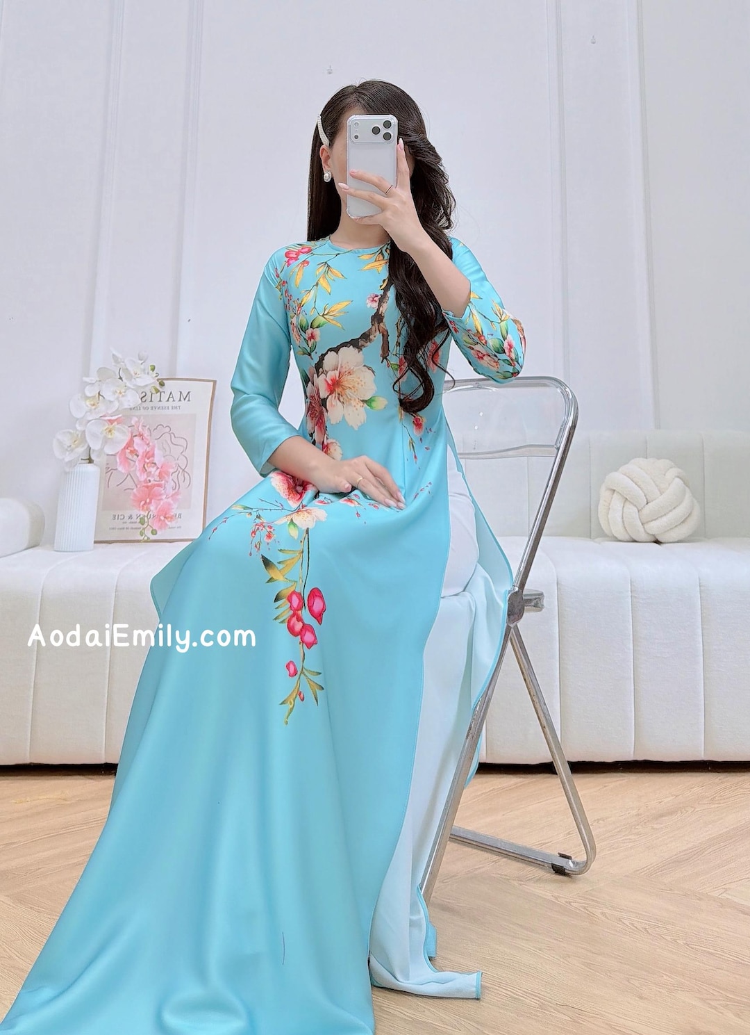 Blue Printed TET Pattern Pre Made Ao Dai | Vietnamese Long Dress| Ao ...