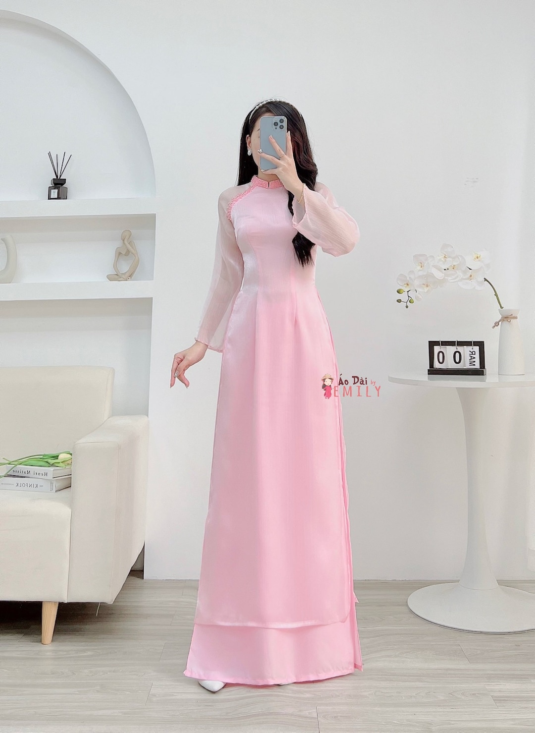 Double Layer Pink Modernized Ao Dai Set With Pearls and Crystals| áo ...