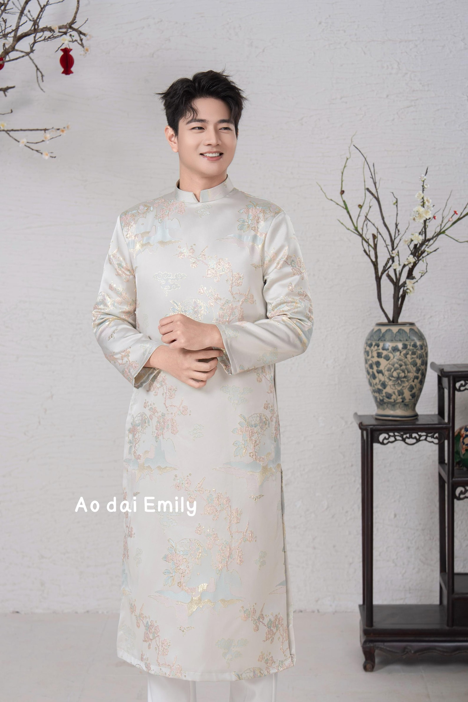 Neutral Color Ao Dai for Men| Ao Dai With Spring Pattern| | Pre Made Ao ...