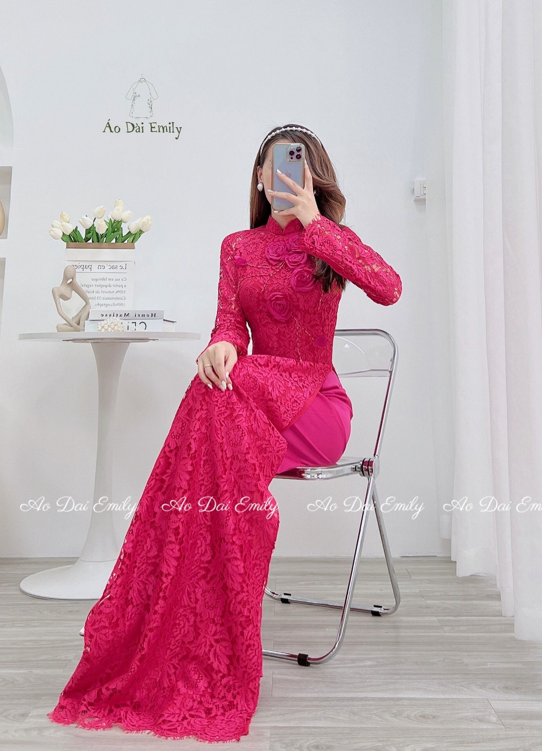 Lace and Silk áo Dài With 3D Flowers and Crystals| Pants Included| Ao ...