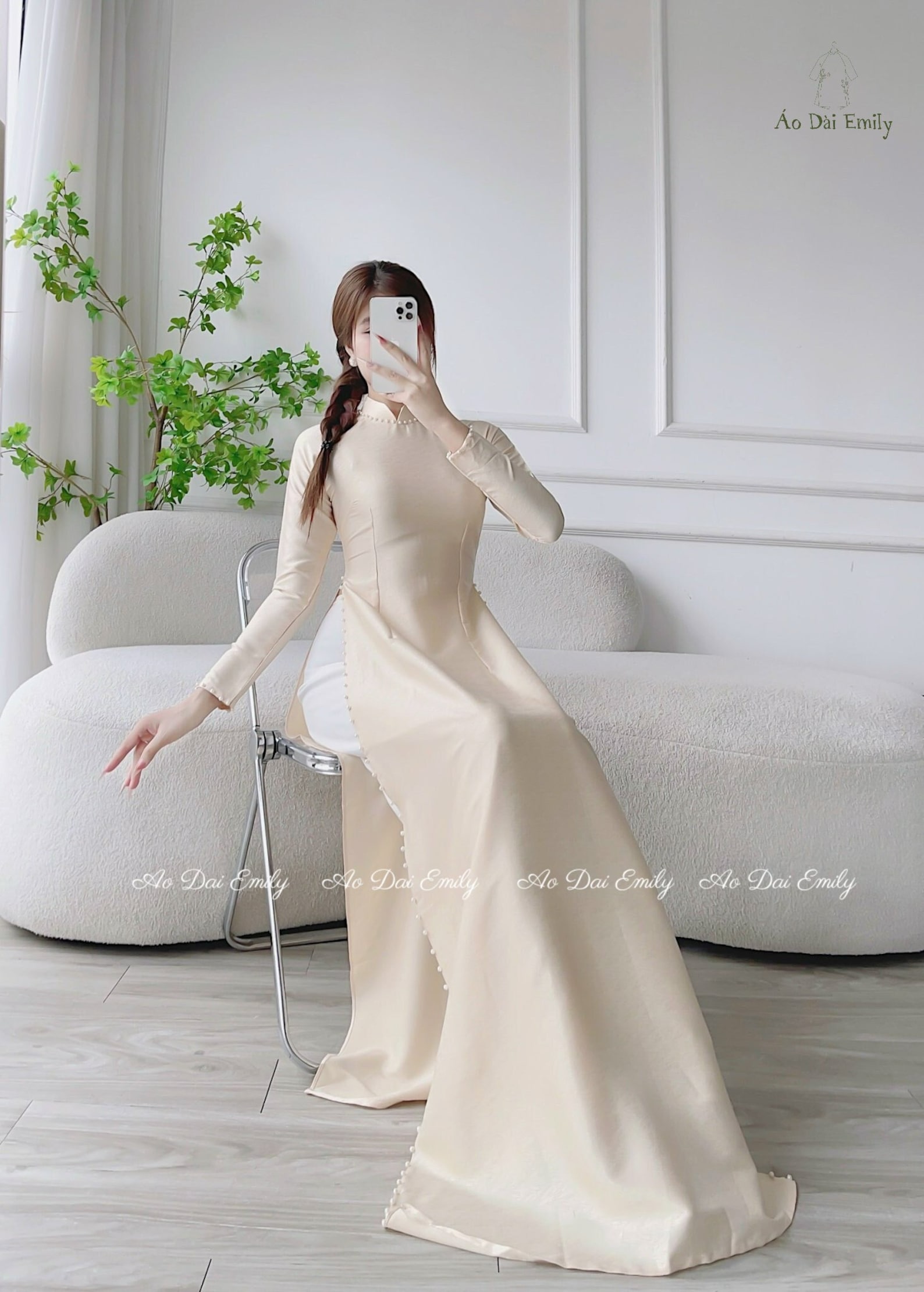Plain Champagne/cream Ao Dai With Pearls| Pre Made Ao Dai for ...
