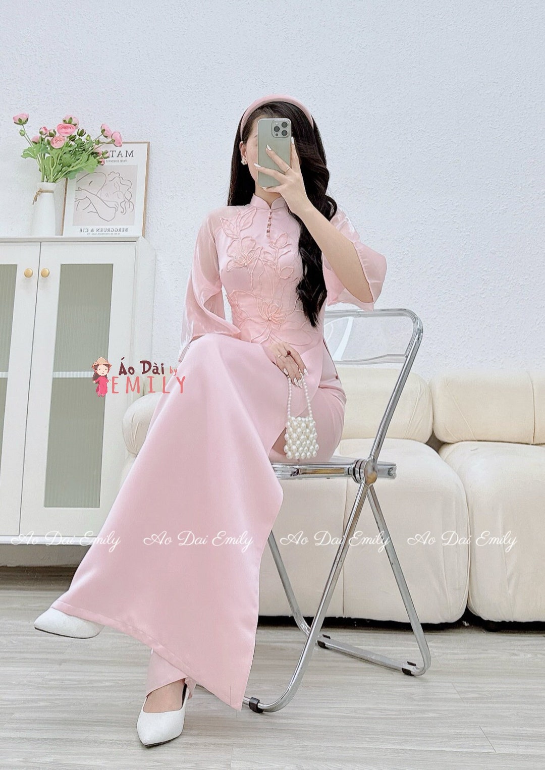 Shiny Taffeta Pink Ao Dai With Embroidery Flowers | Ao Dai for ...