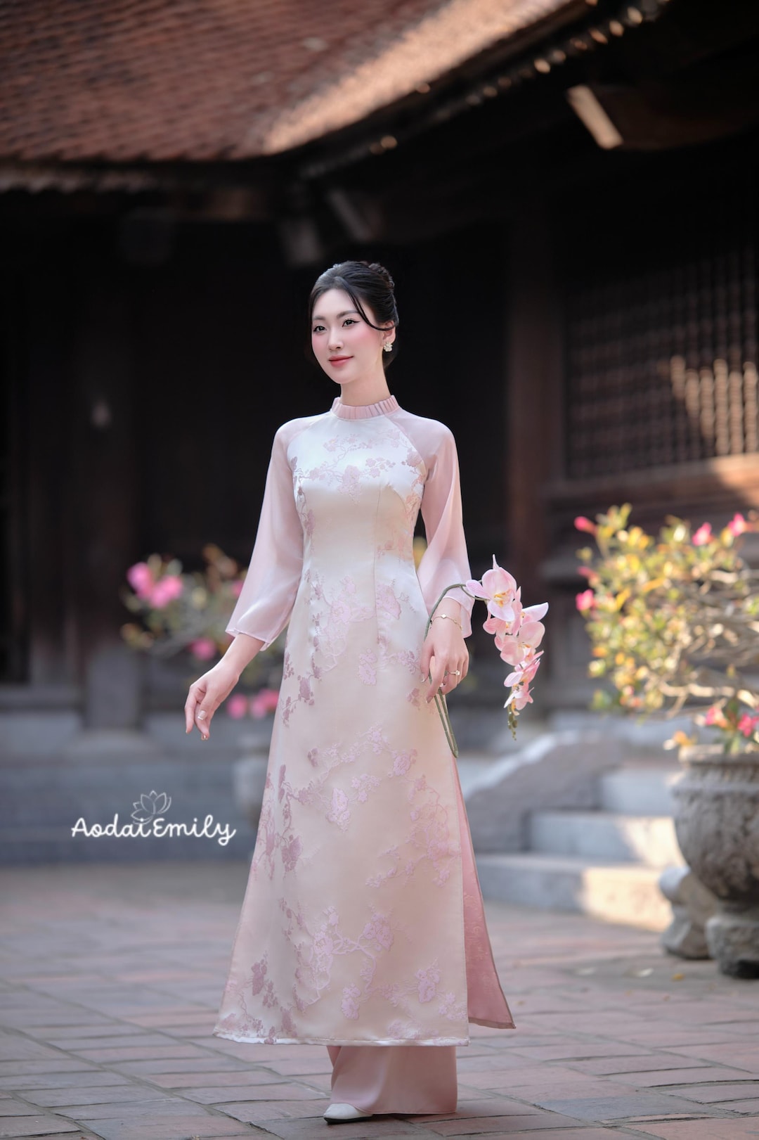 Pink/beige Spring Flowers Pattern Taffeta Ao Dai Set Ao Dai Lunar New ...