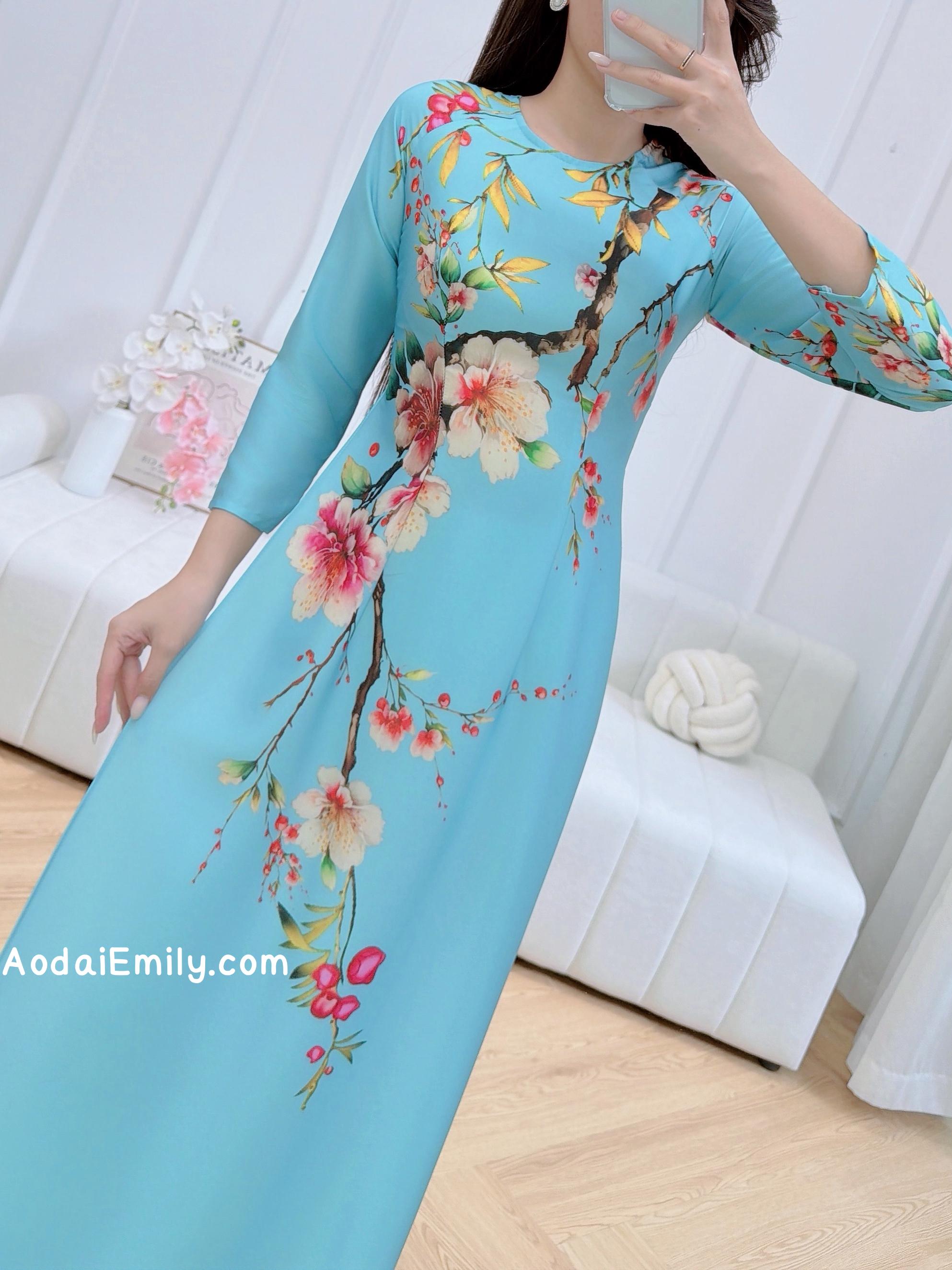Blue Printed TET Pattern Pre Made Ao Dai | Vietnamese Long Dress| Ao ...