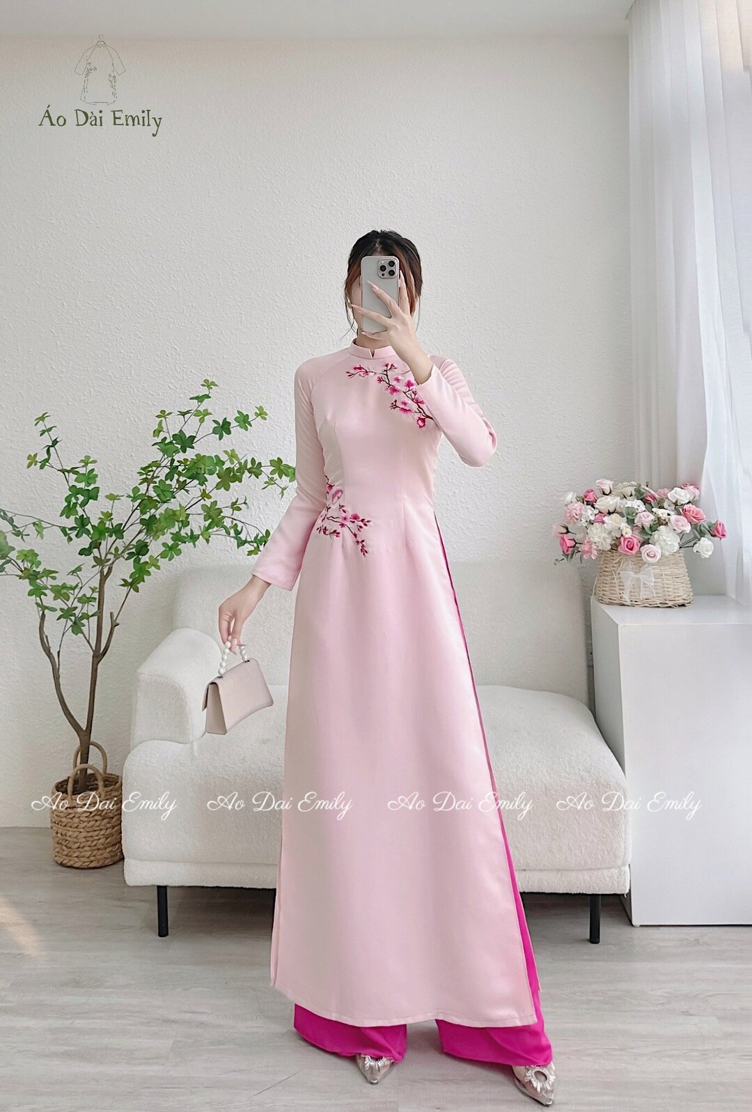 Pink/ Spring Flowers Ao Dai Set| Taffeta Ao Dai| Modern Vietnamese Long ...
