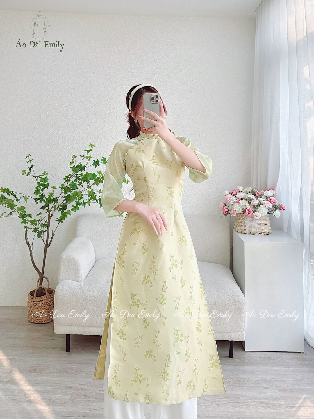 Green Spring Flowers Ao Dai Set Taffeta Ao Dai Modernized Vietnamese ...