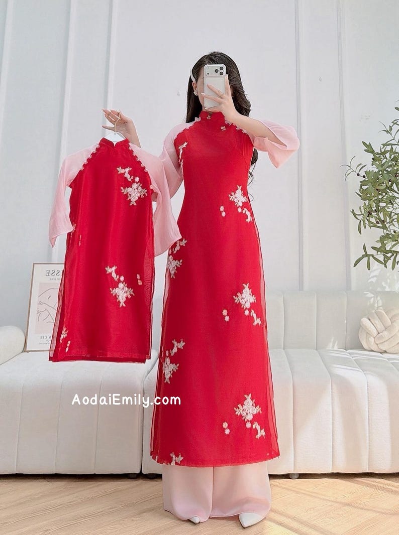 KYLEE Red/pink Matching Mom & Girl Ao Dai With Embroidery Patterns| Ao ...