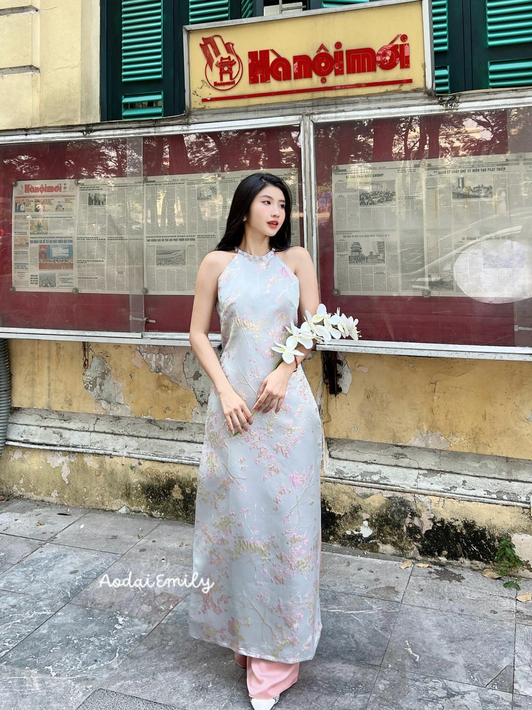 Sleeveless Taffeta Sakura Patterns Pre Made Ao Dai| | Ao Dai Yếm Women| With Pink Pants| Lunar ...