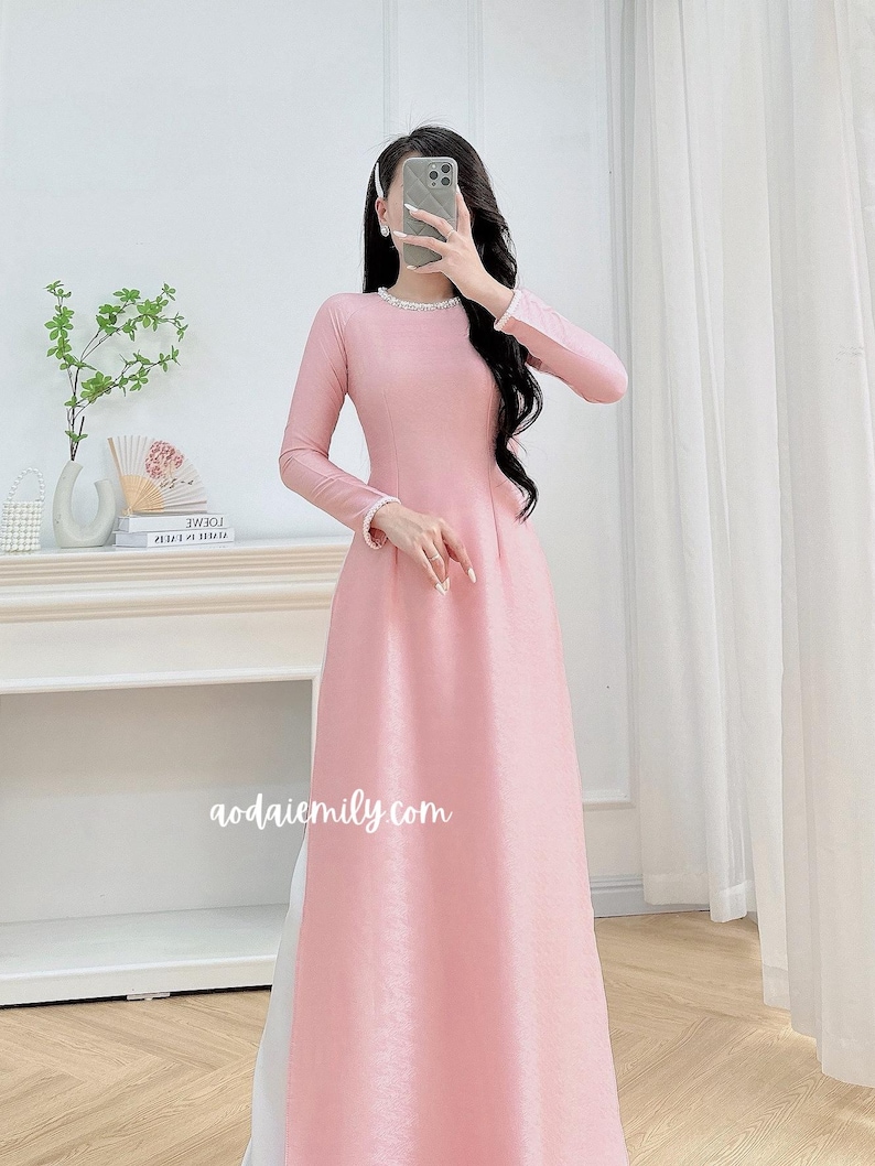 RUBY Pink Ao Dai With Hand Beading Crystals Collar| Pre Made Ao Dai ...