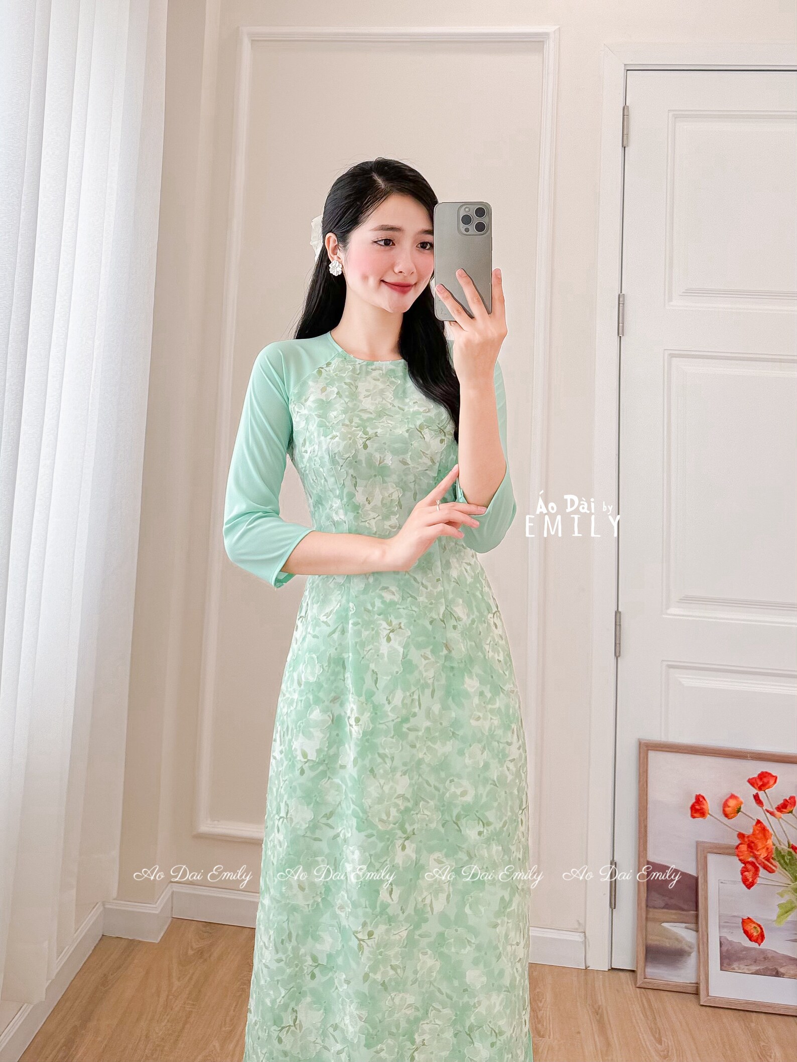 Mint Mini Flowers Ao Dai | Ao Dai for Summer| No Pants | Ao Dai Hoa ...