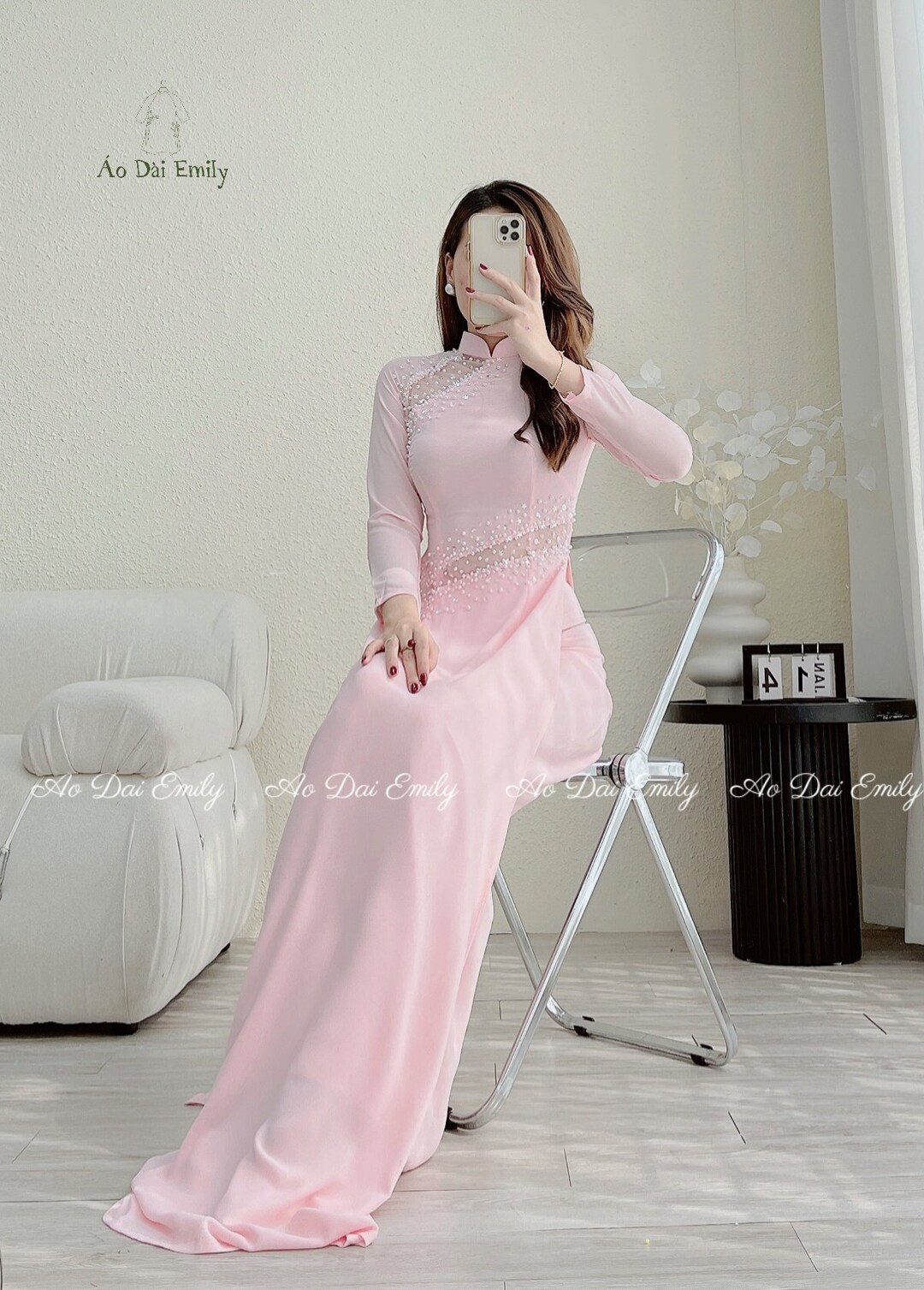 Cut Out Ao Dai Set With Designed Crystals| Double Layers Chiffon Ao Dai ...