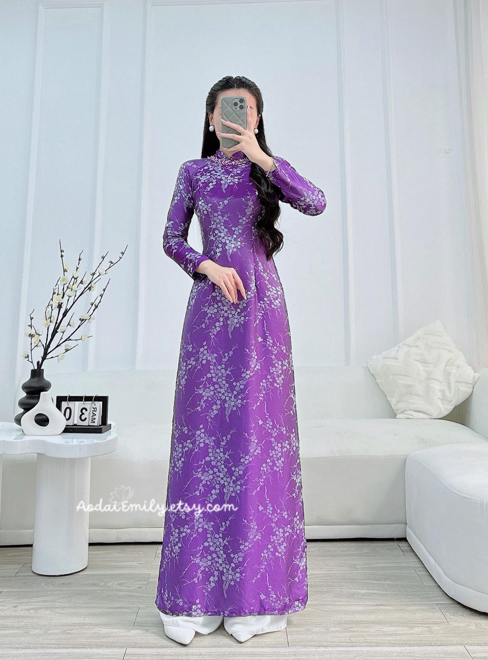 JENNIFER Purple Ao Dai Gam With Hand Beaded Crystals Collar | Pre Made ...