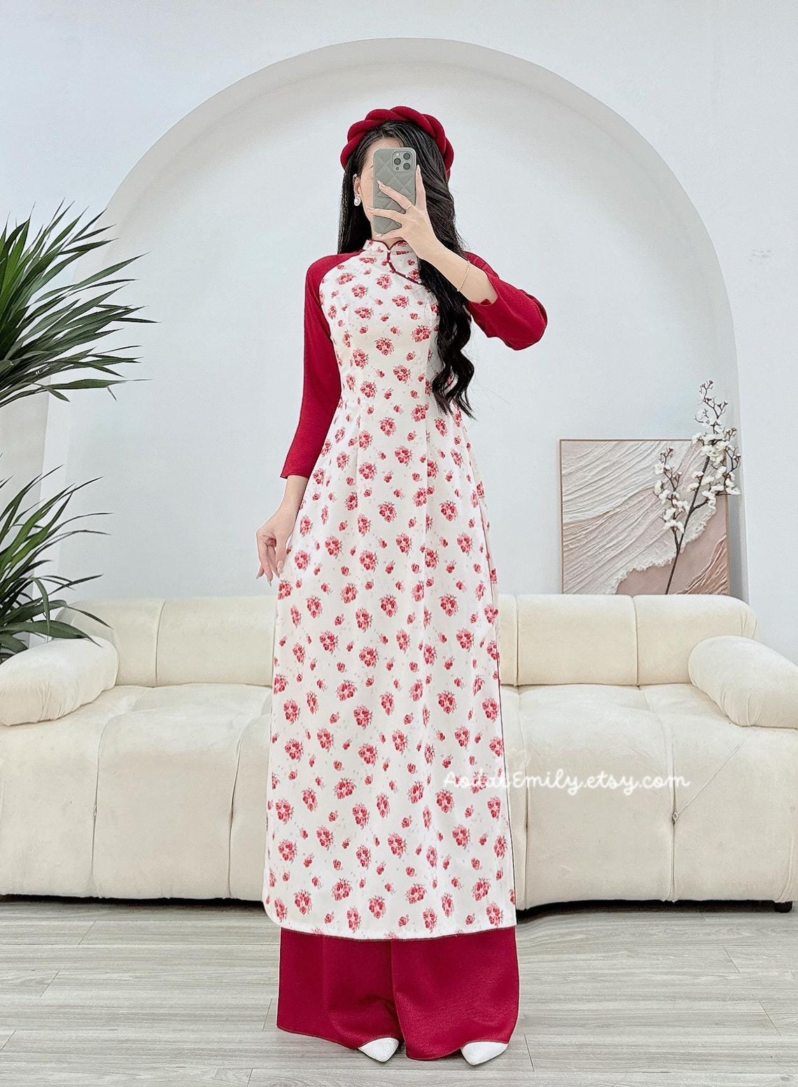 Red Mini Flowers Pre-made Ao Dai | Ao Dai Set for Women| Ao Dai Viet ...