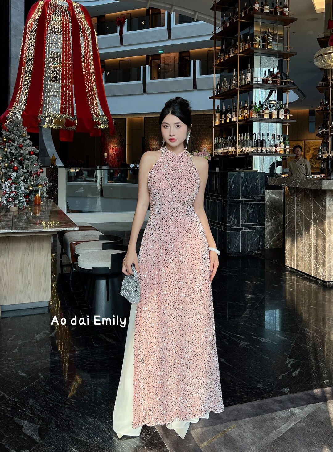 Sleeveless Pink Sparkling Sequins Pre Made Ao Dai| Ao Dai Yếm Women| No ...
