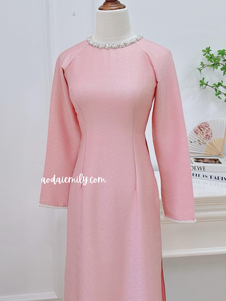 RUBY Pink Ao Dai With Hand Beading Crystals Collar| Pre Made Ao Dai ...