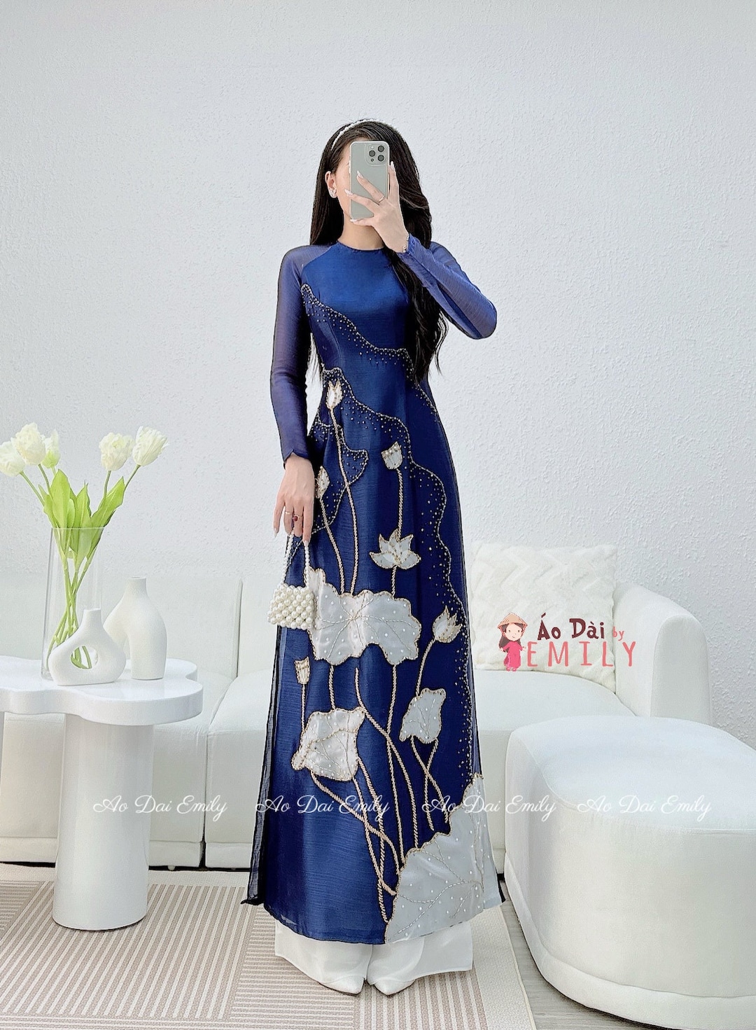 CAROLINE Dark Blue Ao Dai With Designed Crystals| Double Layers Ao Dai ...