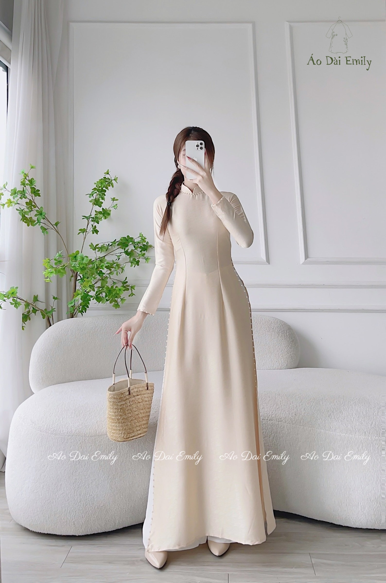 Plain Champagne/cream Ao Dai With Pearls| Pre Made Ao Dai for ...