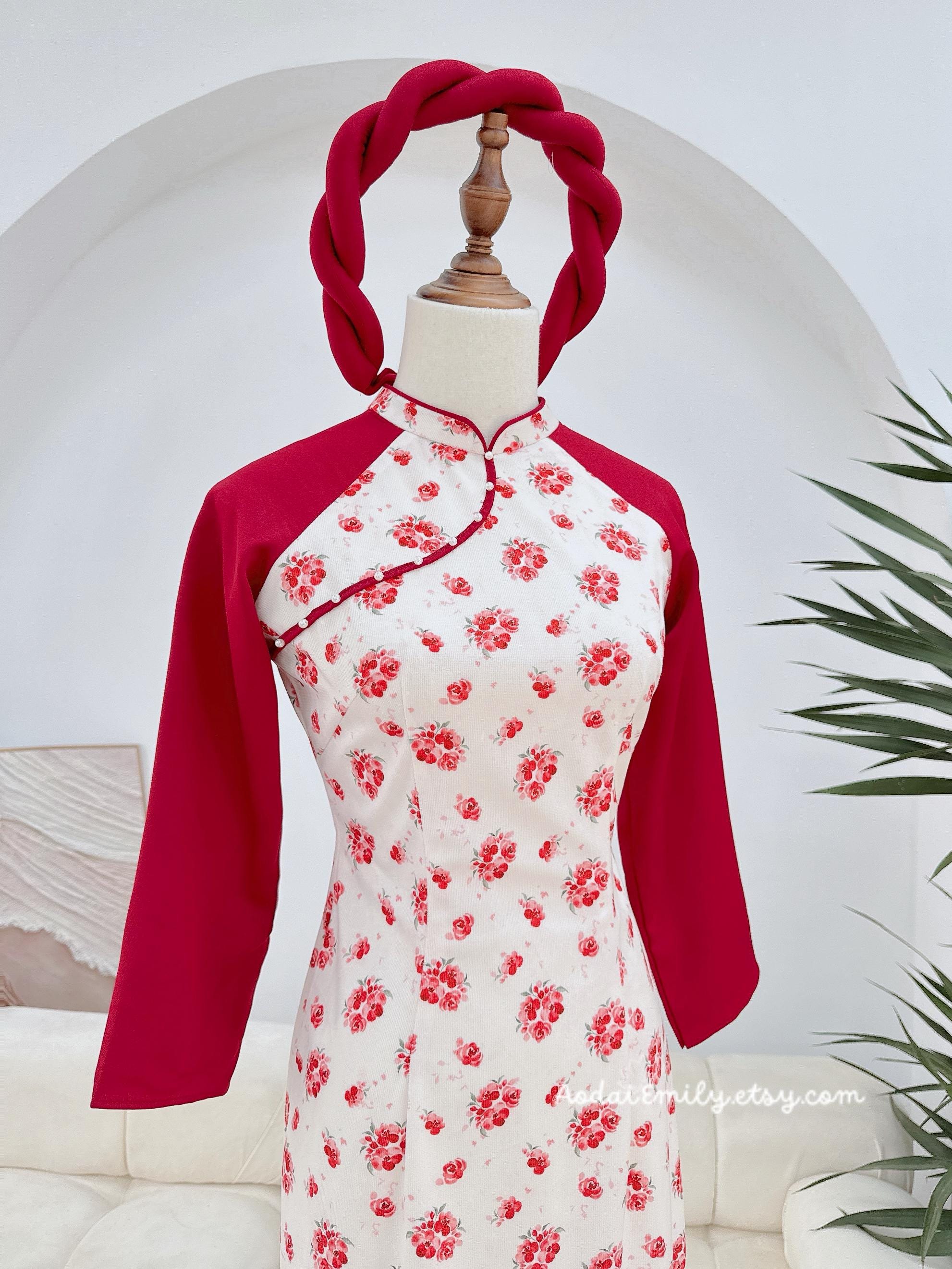 Red Mini Flowers Pre-made Ao Dai | Ao Dai Set for Women| Ao Dai Viet ...