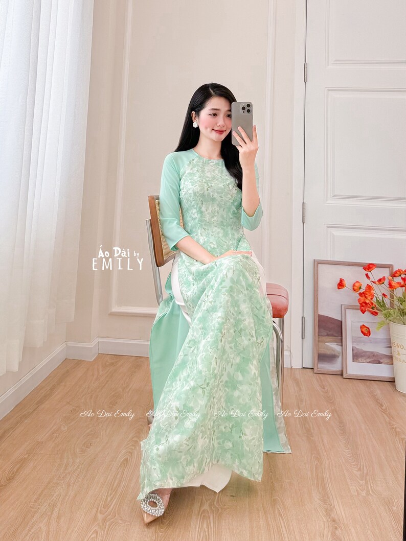 Mint Mini Flowers Ao Dai | Ao Dai for Summer| No Pants | Ao Dai Hoa ...