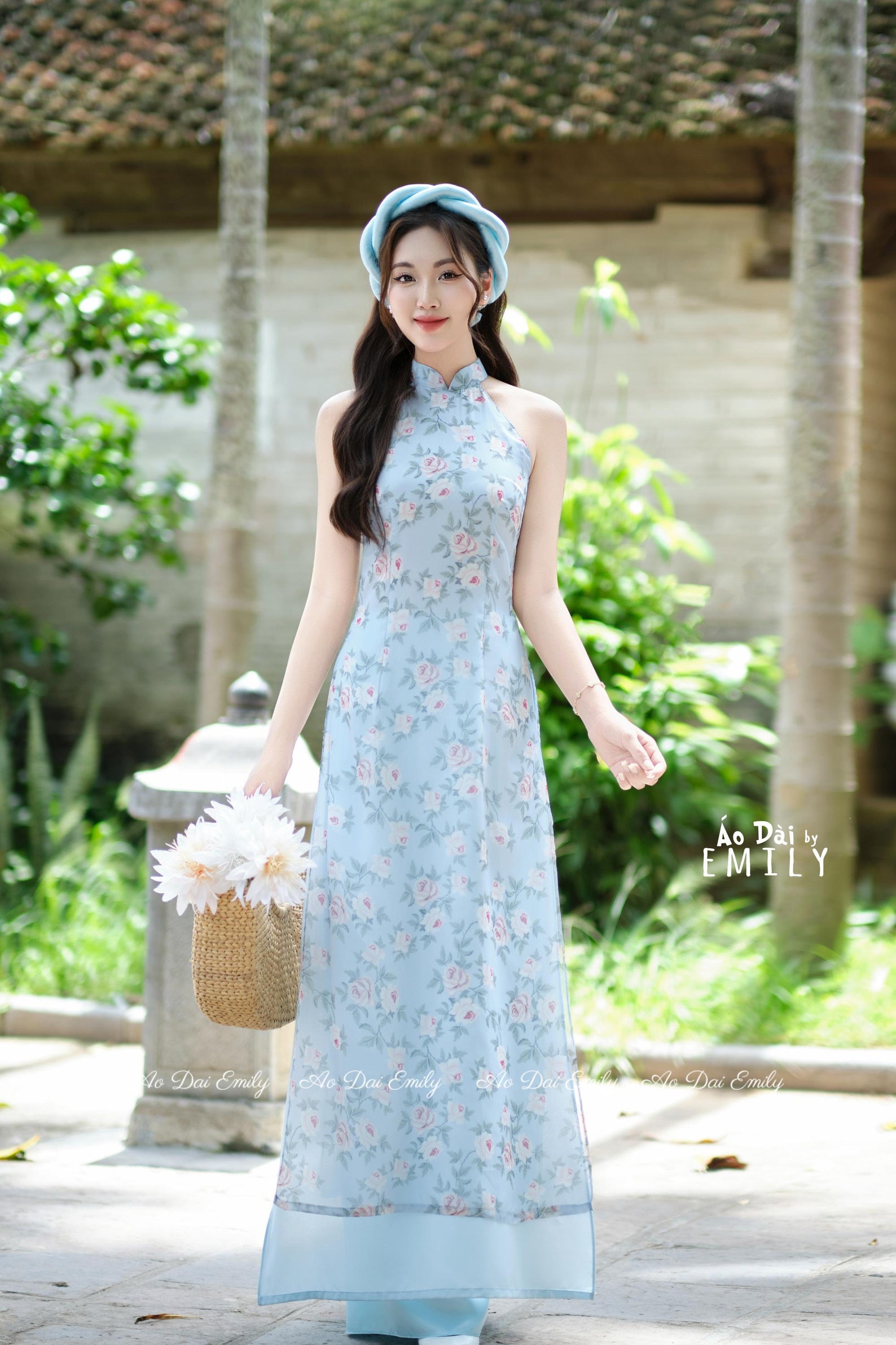 Baby Blue Sleeveless Mini Rose Pre Made Ao Dai Ao Dai Yếm Women ...