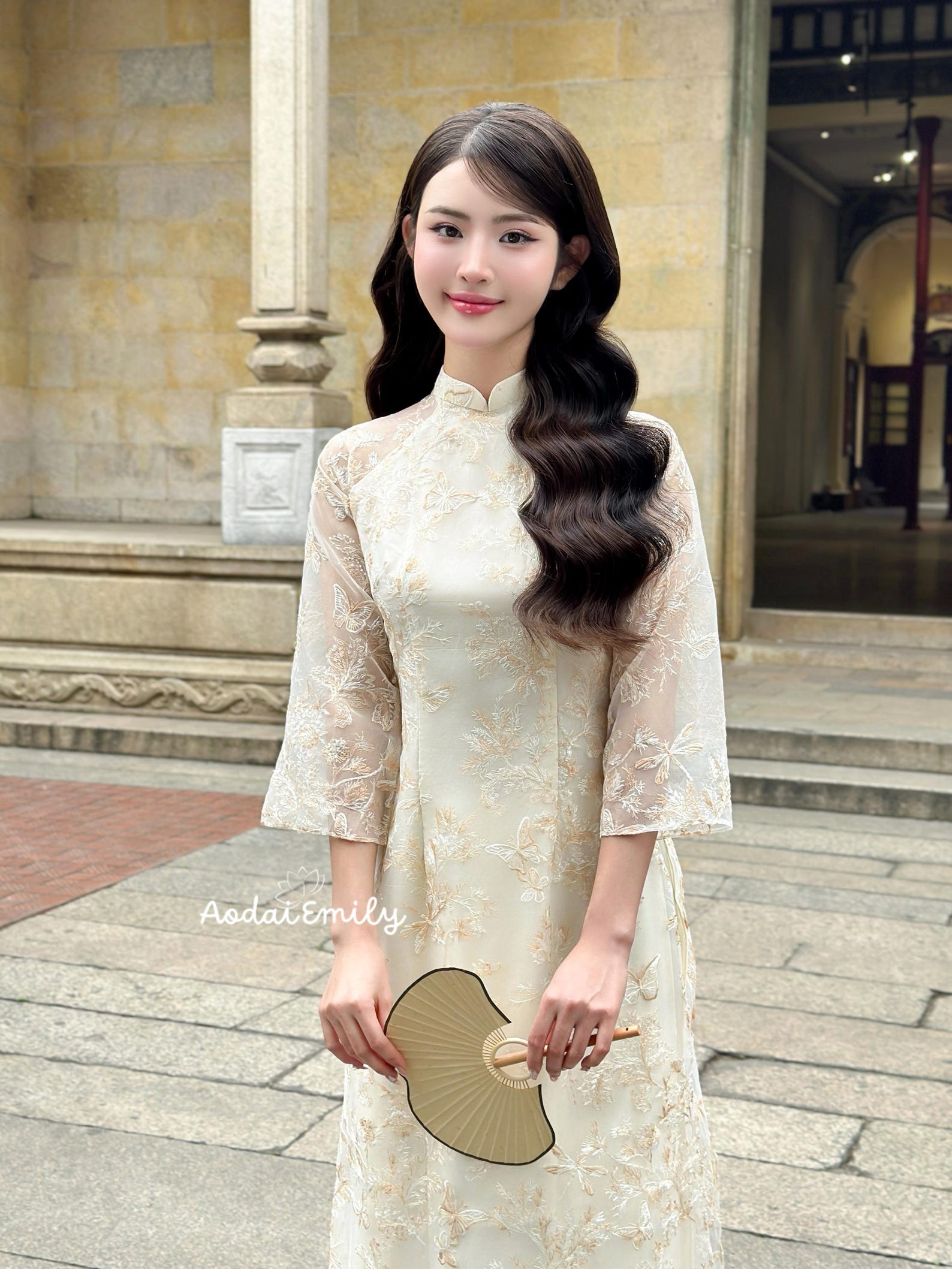 ESME Pastel Cream/beige Modern Ao Dai With Embroidery Flowers| áo Dài ...